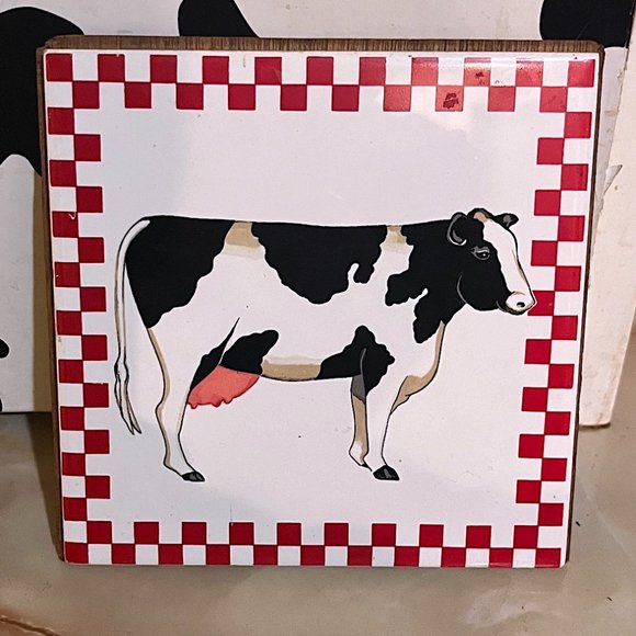 Kitchen | Vintage Cow Tile Red White Checkered Border Kitchen Trivet ...